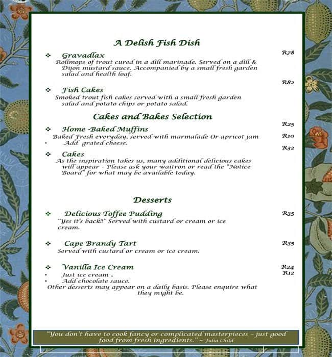 Menu at The Secret Garden restaurant, Boksburg
