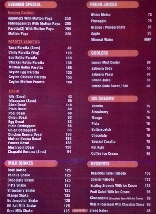 Menu at Daalchini, Chennai, No.13
