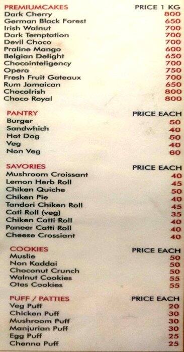 Menu at The Bakers Point, Chennai, Old No. 20 New No. 61/20