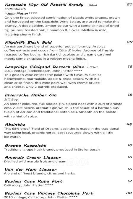 Menu au The Girls on the Square restaurant, Wilderness