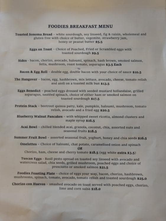 Menu at Foodies deli cafe, Sandringham
