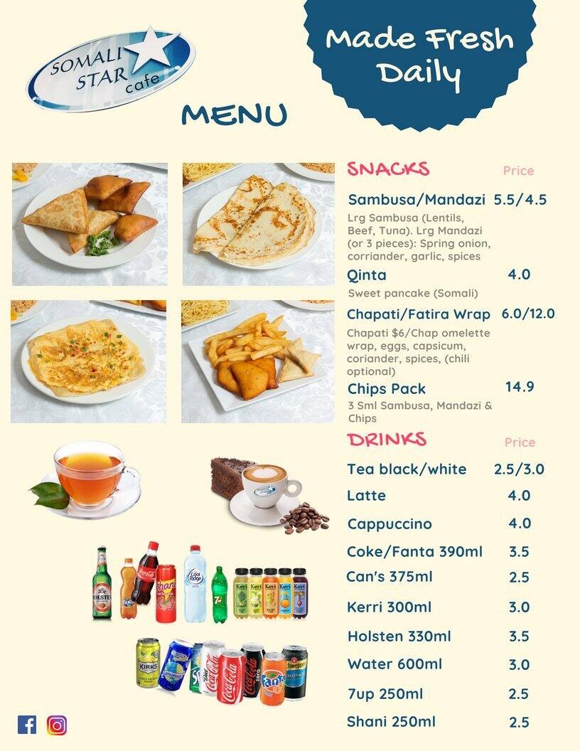 Menu at Somali Star fast food, Footscray