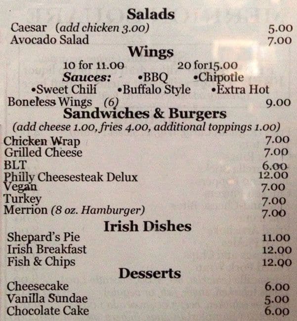 Menu at Merrion Square Pub, New York City