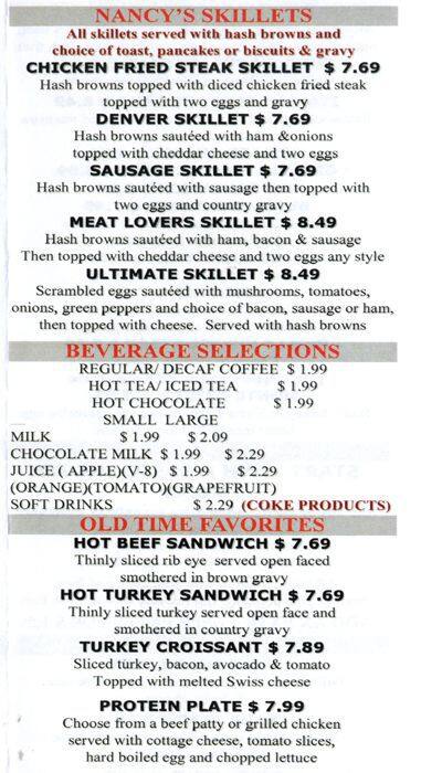 Menu at Nancy's Cafe, Westminster