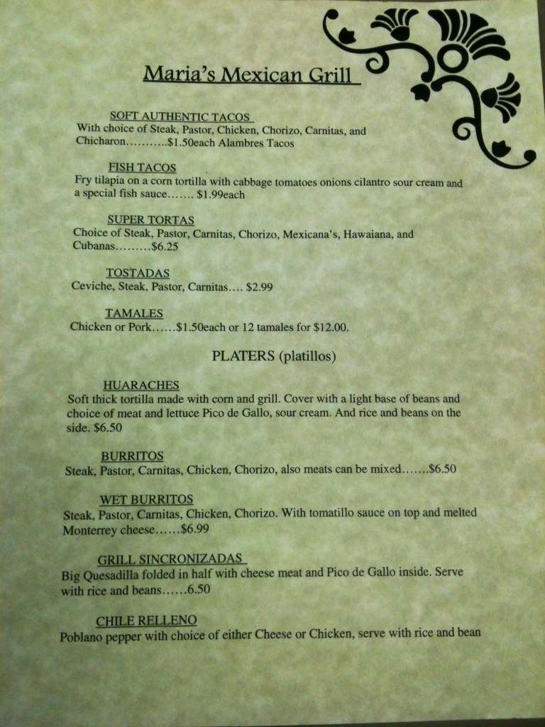 Maria's Mexican Grill Menu - Urbanspoon/Zomato