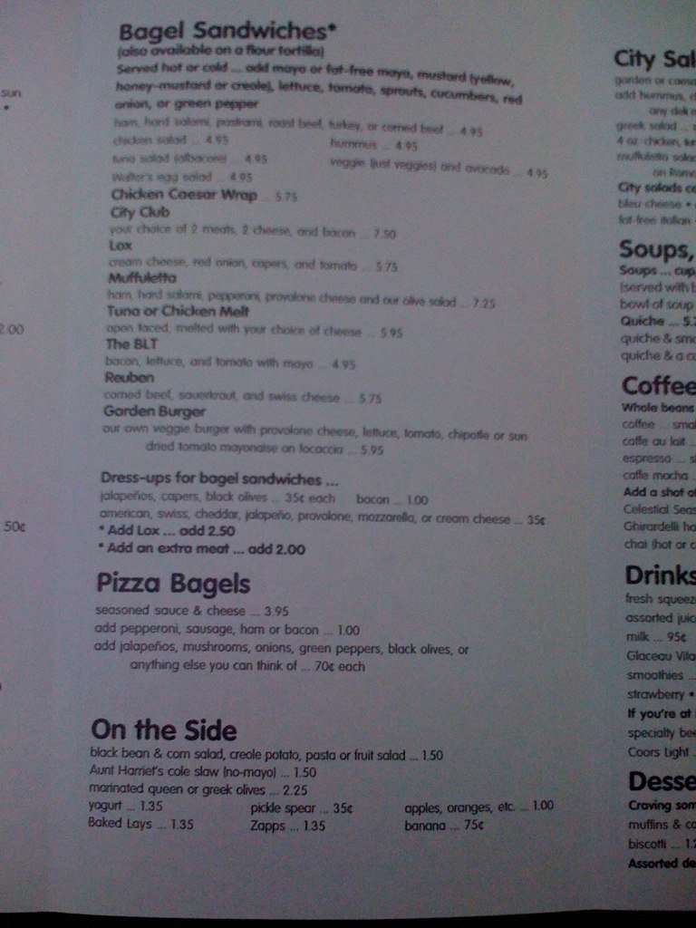 Menu at City Bagel cafe, Starkville