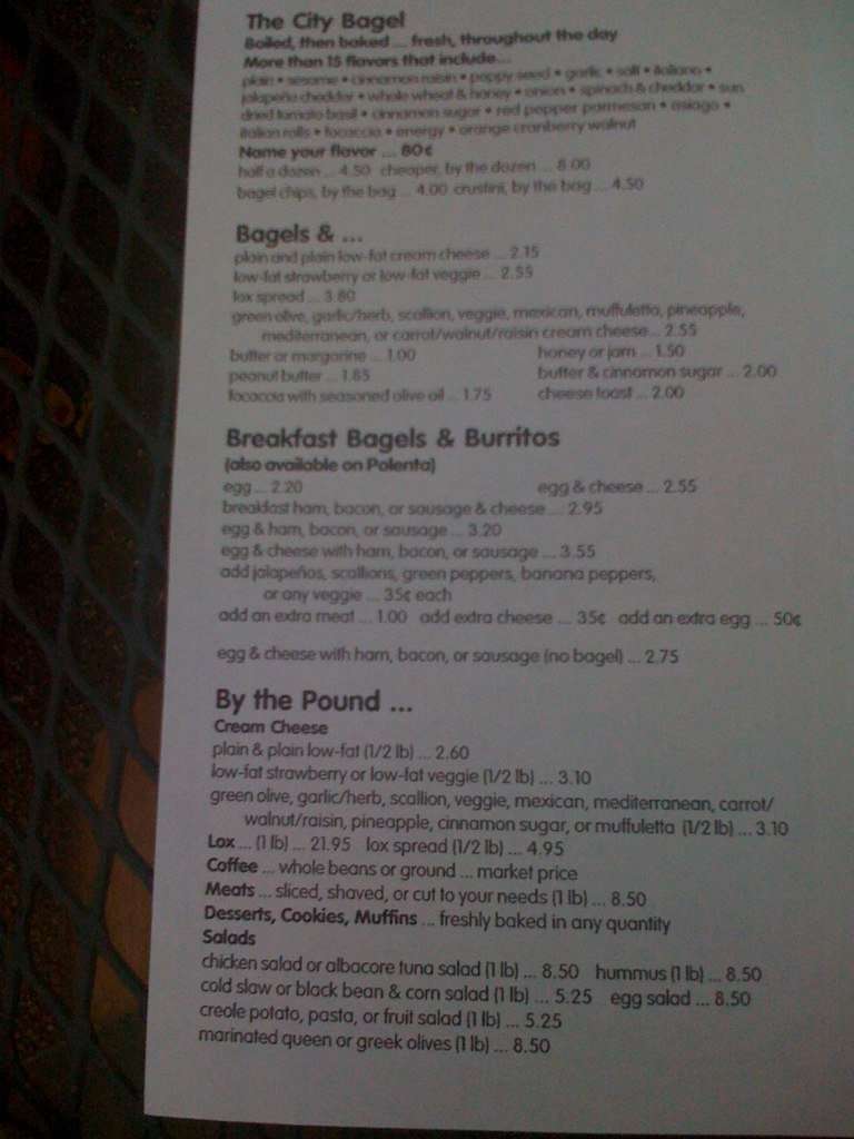 Menu at City Bagel cafe, Starkville