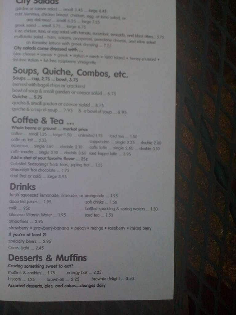 Menu at City Bagel cafe, Starkville