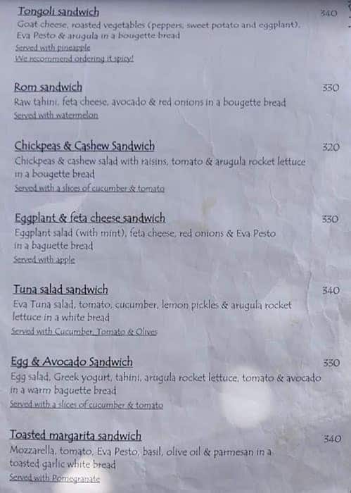 Menu of Eva Cafe, Anjuna, Goa