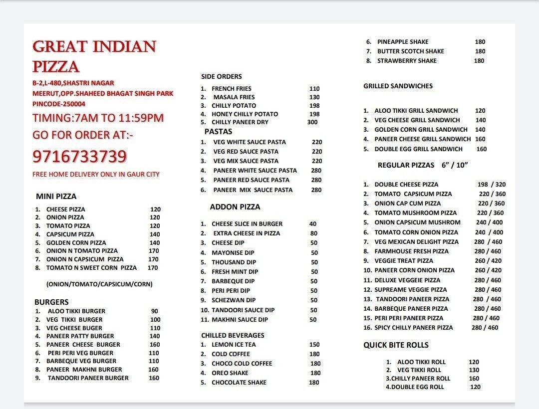 Menu at Great Indian Pizza, Meerut