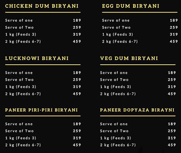 Menu at Mr. Biryani, Indore