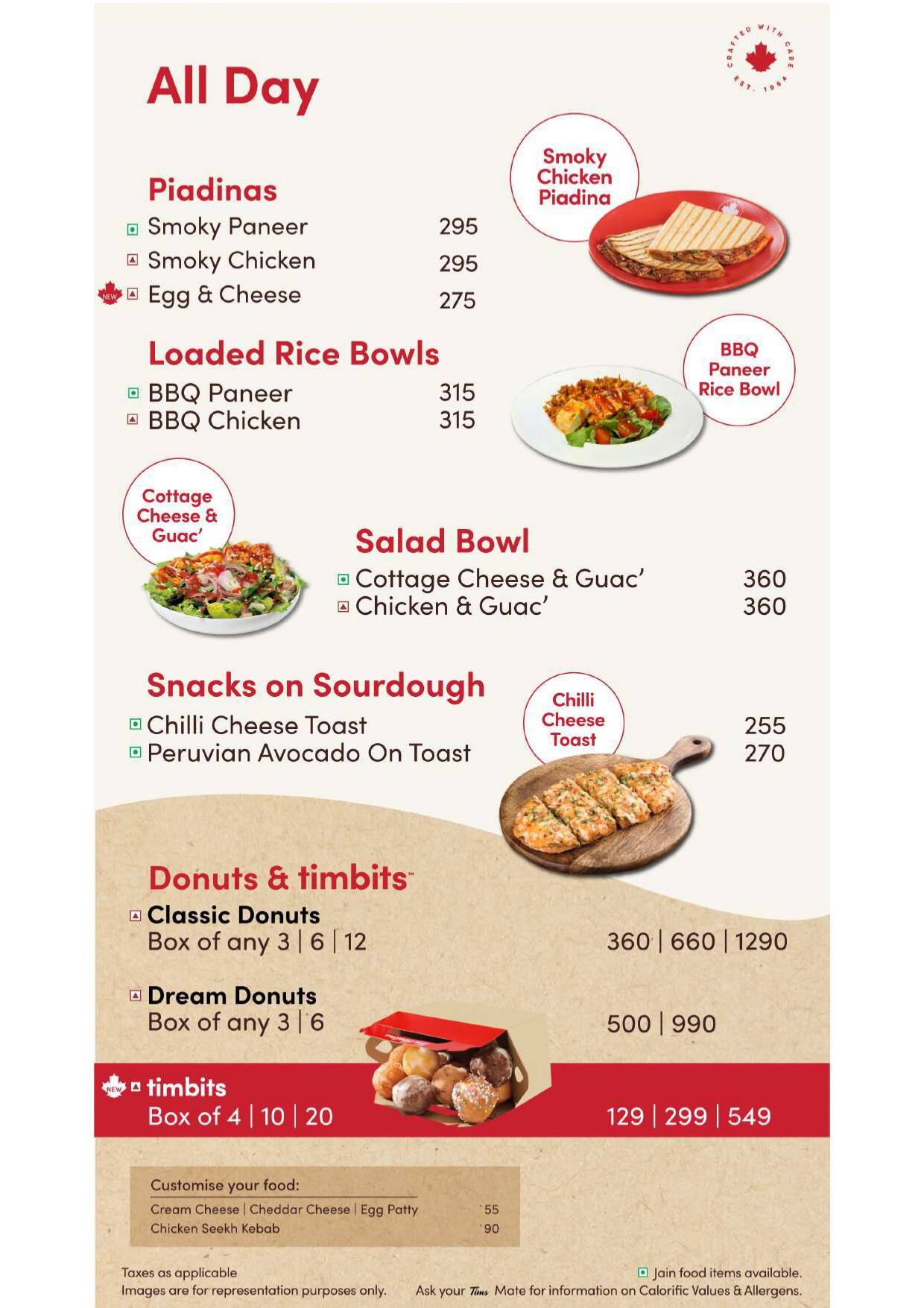 Menu of Tim Hortons, Aerocity, New Delhi