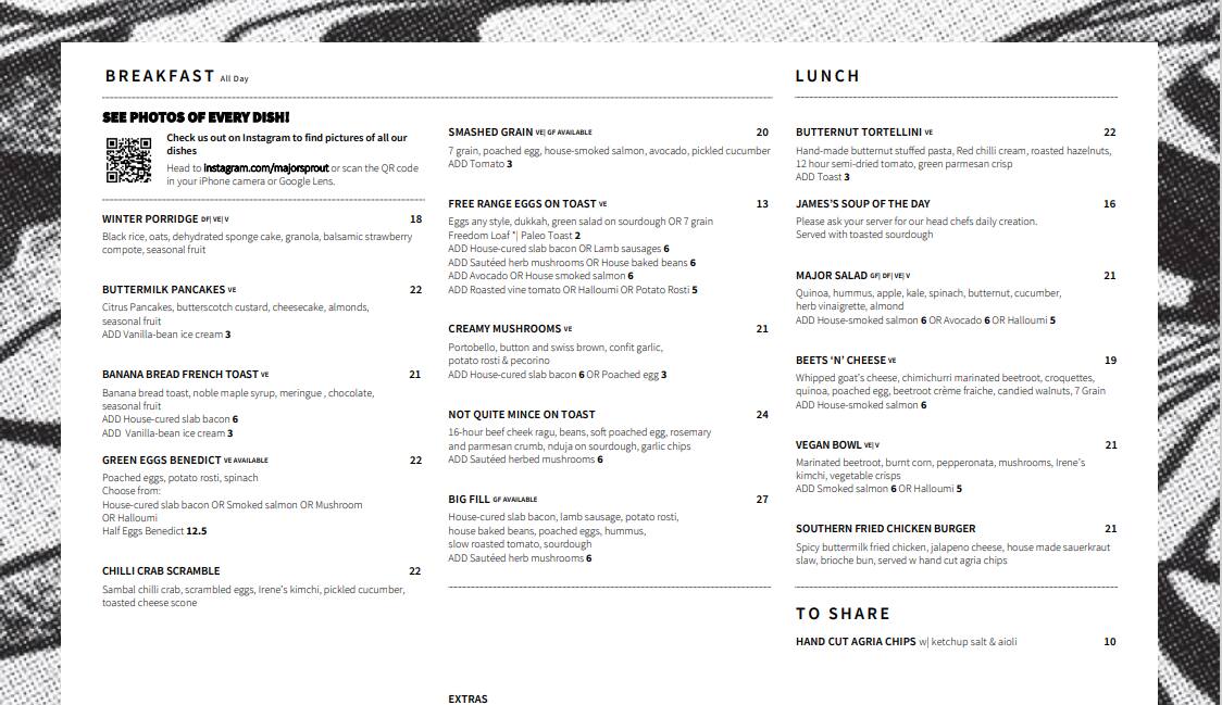 Menu at Major Sprout cafe, Auckland
