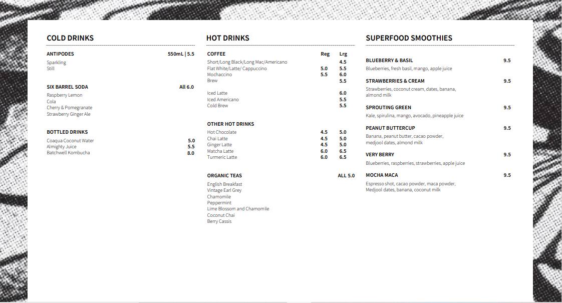 Menu at Major Sprout cafe, Auckland