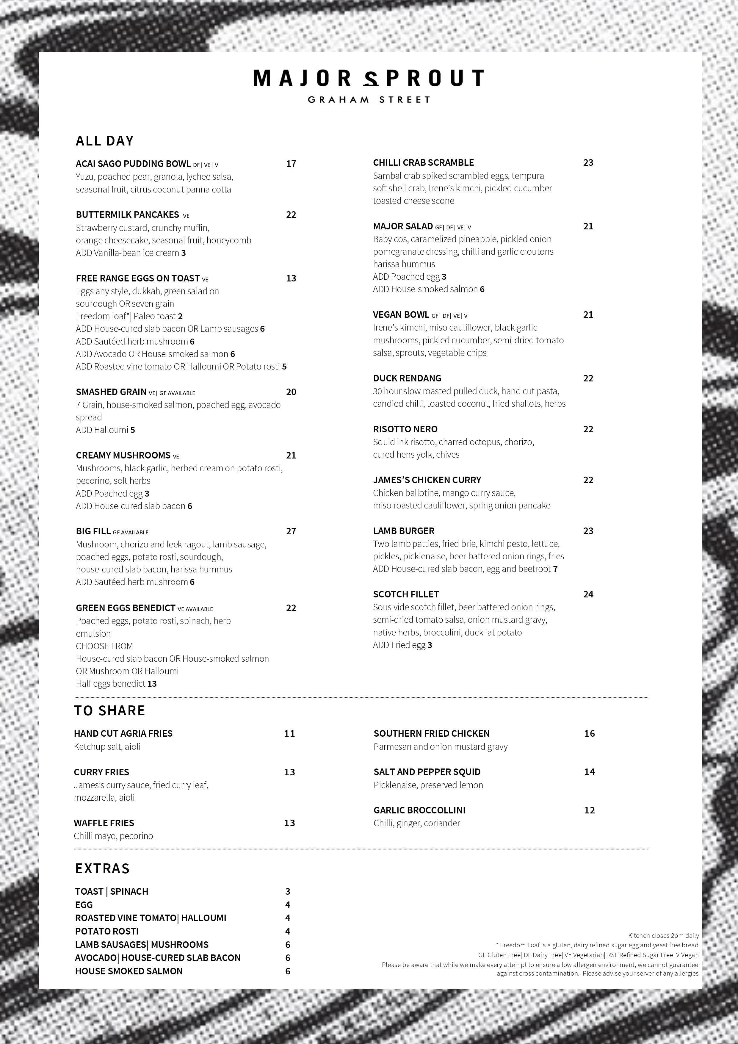 Menu at Major Sprout cafe, Auckland