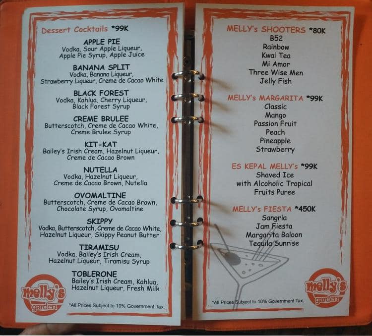 Menu at Melly's Garden pub & bar, Jakarta