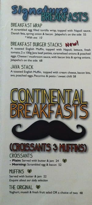 Menu at Caffe Java cafe, Durban, Ushaka Marine World
