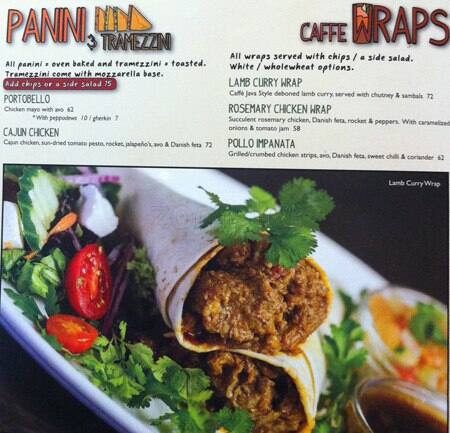 Menu at Caffe Java cafe, Durban, Ushaka Marine World