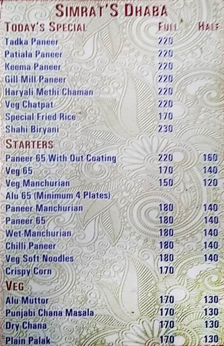 Menu of Simrat's Dhaba, Begum Bazaar, Hyderabad