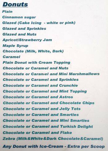 Menu at Donut World cafe, Jeffreys Bay
