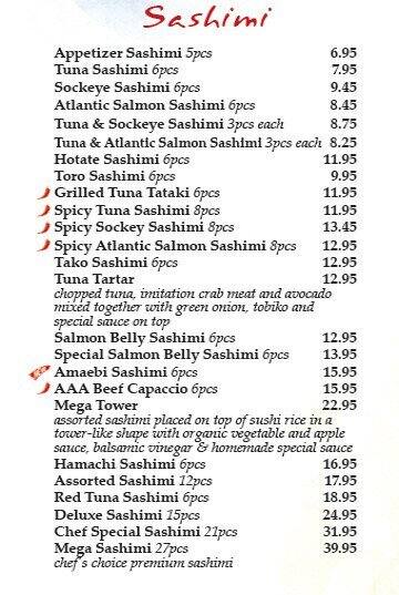 Menu at Mega Sushi restaurant, Richmond