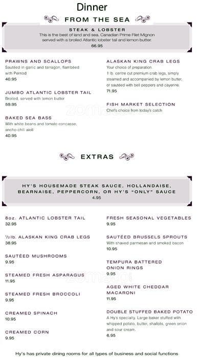 Menu au Hy's Steak House - Ottawa pub et bar, Ottawa