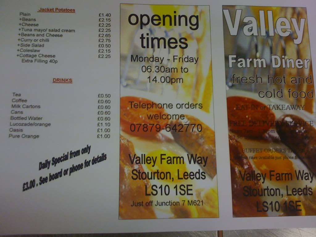 Menu at Valley Farm Diner, Leeds