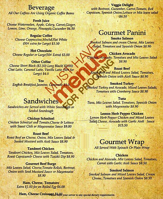 Menu at The Bay Cafe, Sydney, 16A Hickson Road