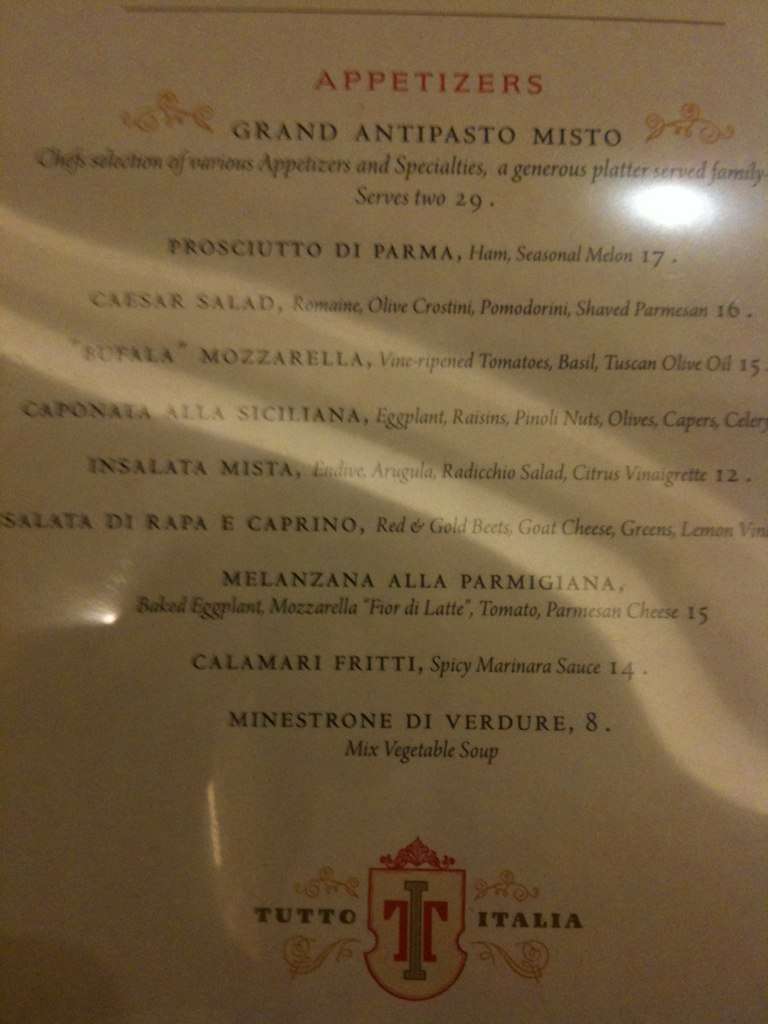 Menu at Tutto Italia Ristorante restaurant, Orlando, Avenue of the Stars