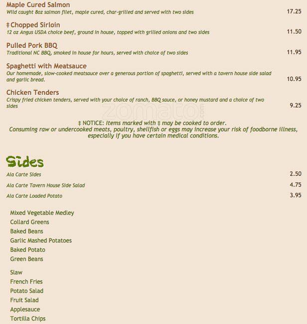 Menu at Maxwell's Tavern restaurant, Waxhaw