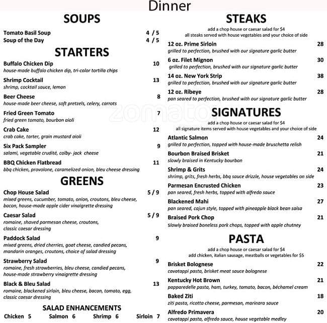 Menu at Paddock Grille restaurant, Lexington, Newtown Pike