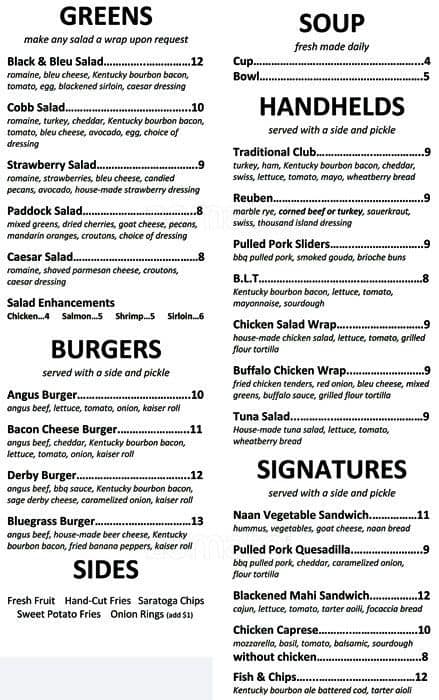 Menu at Paddock Grille restaurant, Lexington, Newtown Pike