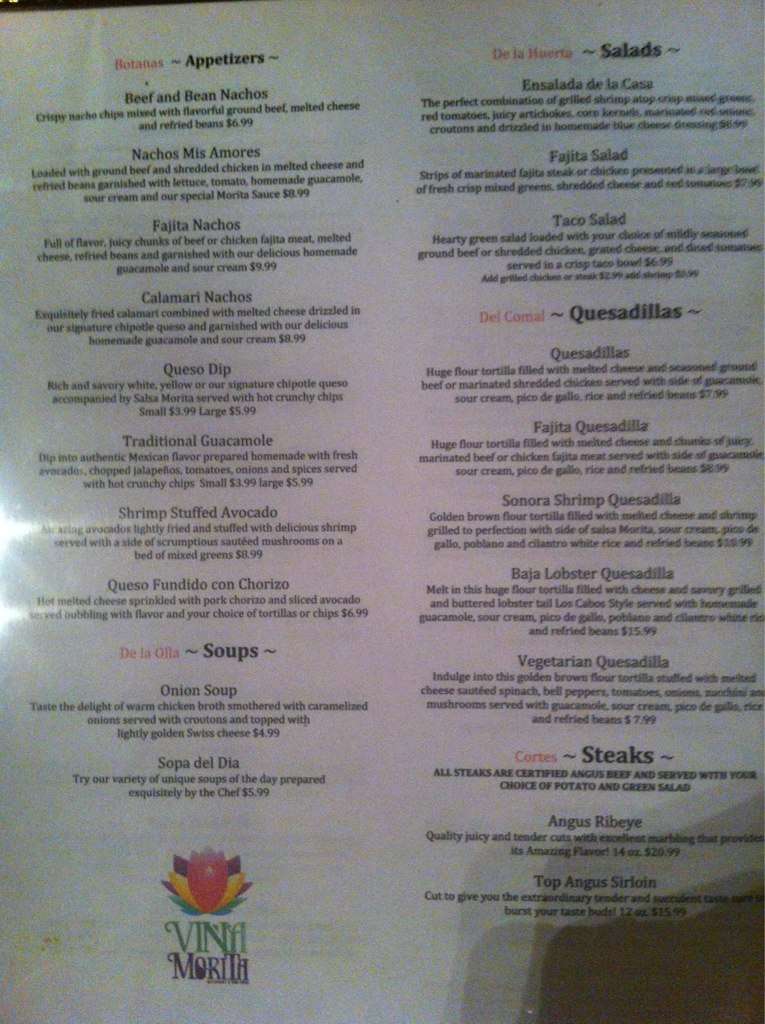 Menu at Vina Morita pub & bar, Hot Springs, 135 Central Ave