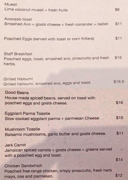 Menu at Monday's Coffee Store cafe, Adelaide