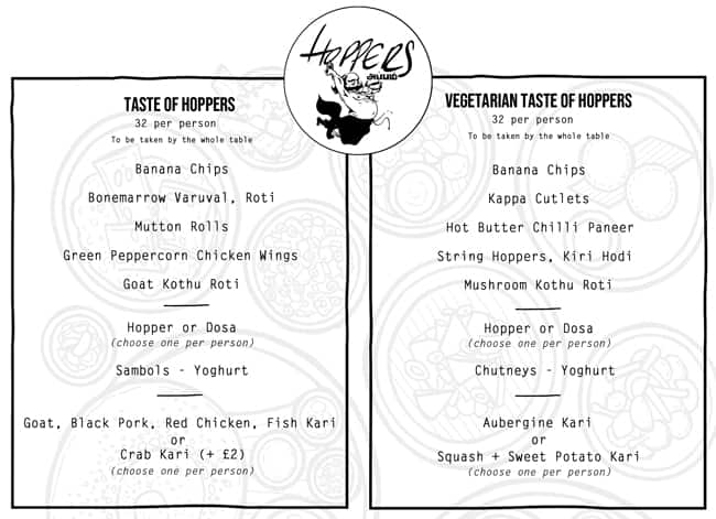 Menu at Hoppers restaurant, London, 49 Frith St
