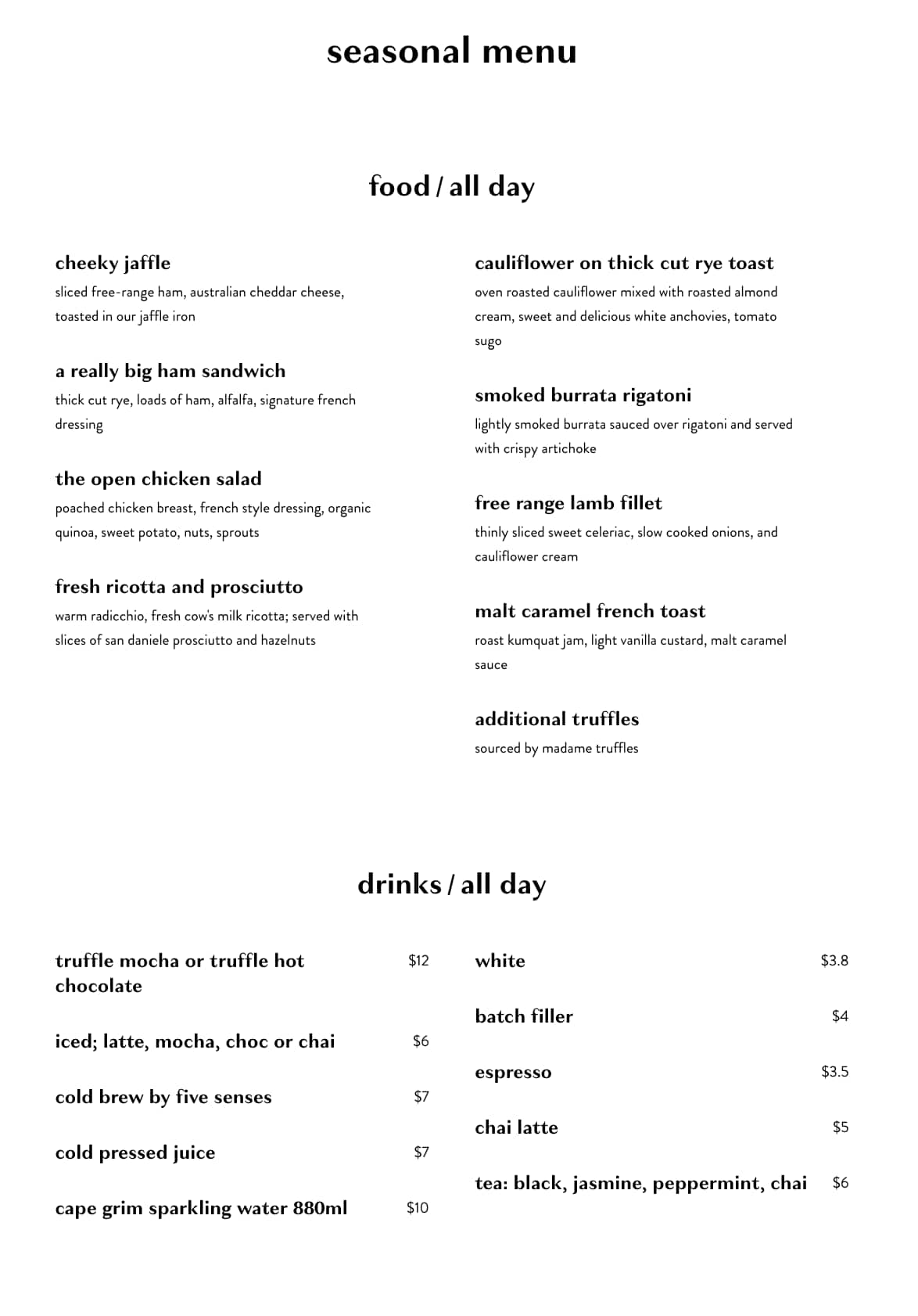 Menu at Cavalier 1.0 cafe, Crows Nest