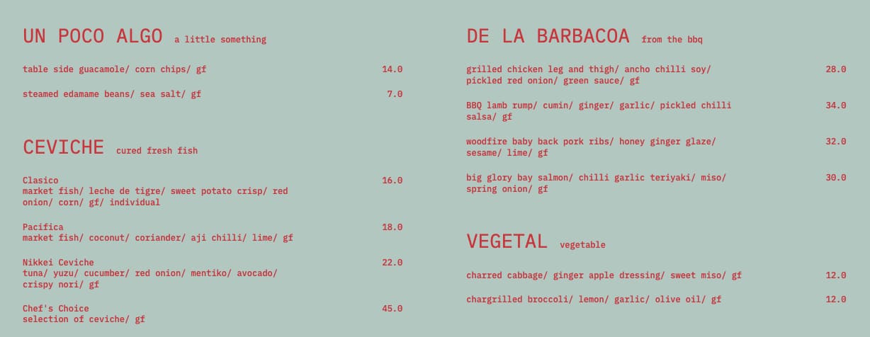 Menu at Inca restaurant, Auckland