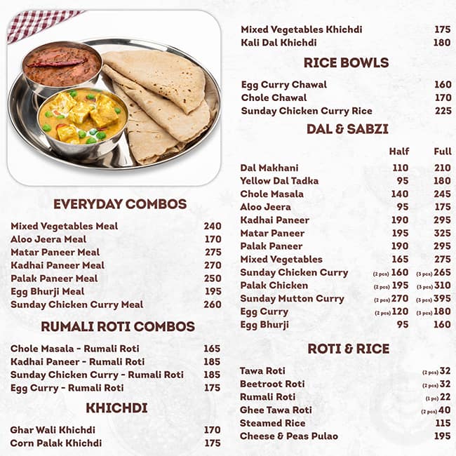 Menu of Rosy Roti, Domlur, Bangalore