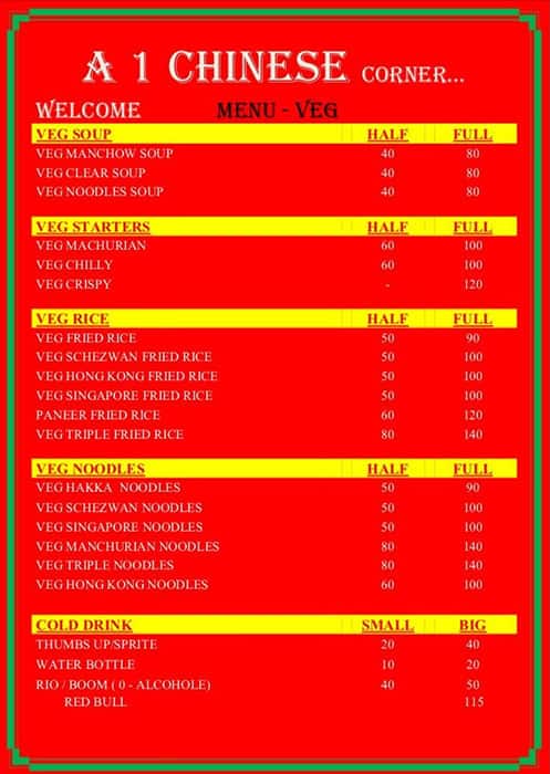 Menu of A1 Chinese Corner, Nalasopara, Mumbai