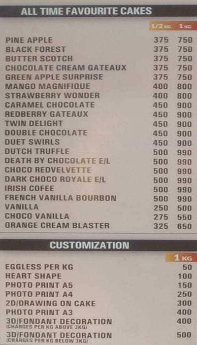 Menu of Chef Bakers, Electronic City, Bangalore