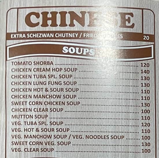 Menu of Tuba Restaurant, Malad East, Mumbai