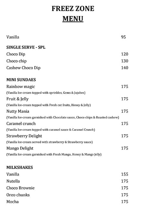 Menu of Freez Zone, Akkarai, Chennai