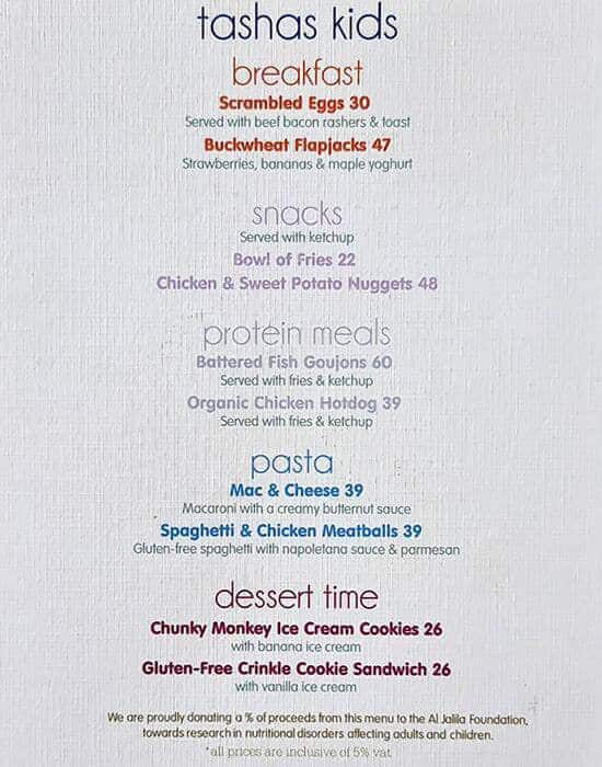 Menu at tashas cafe, Dubai, Near Al Jalila Cultural Centre For Children
