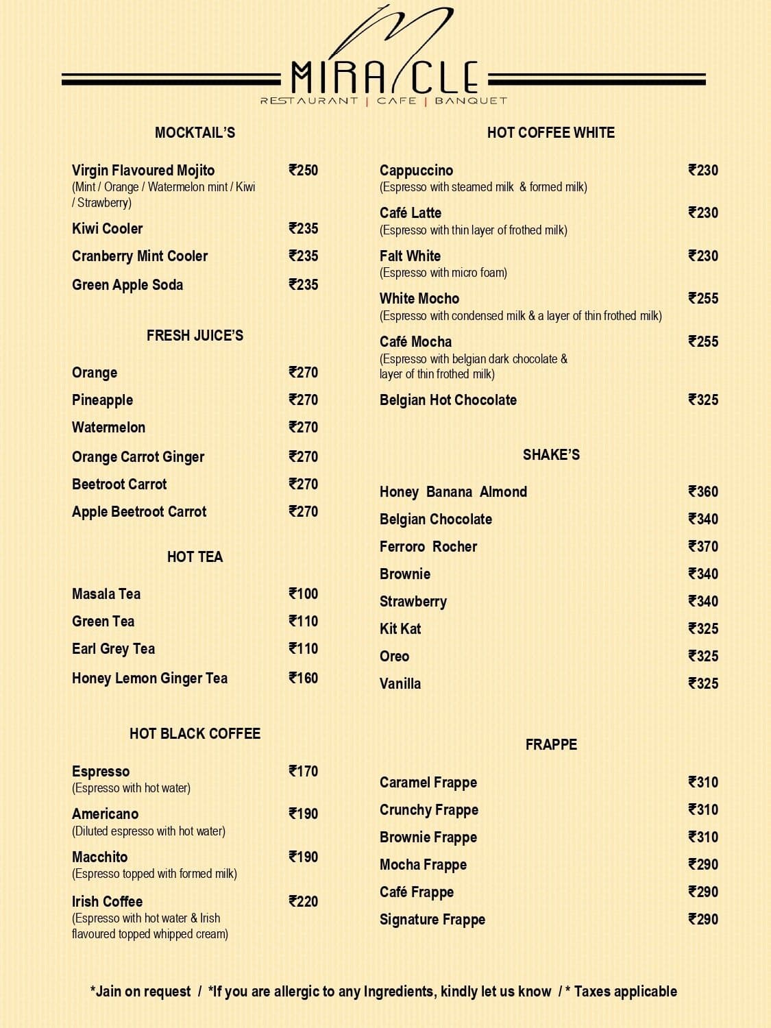 Menu of Miracle Restaurant And Cafe, C Scheme, Jaipur