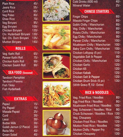 Menu at Punjabi Kadai, Mangaluru, VR5X+Q6R