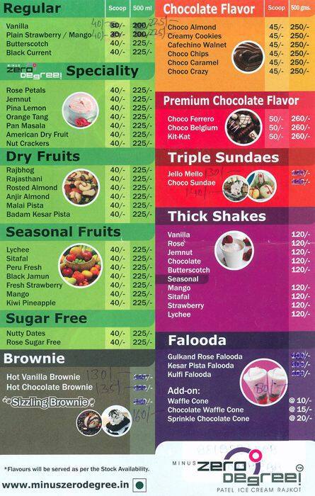 Menu at Zero Degree Ice Cream Parlour, Vasai