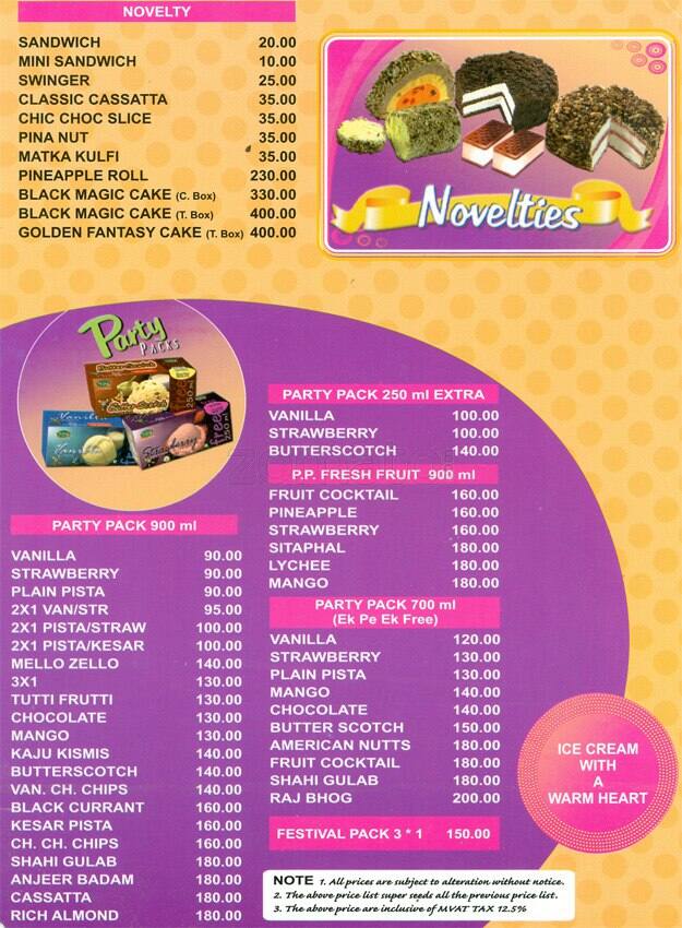 Menu at Pastonji Ice Cream, Mumbai, C1, Yogi Dwar