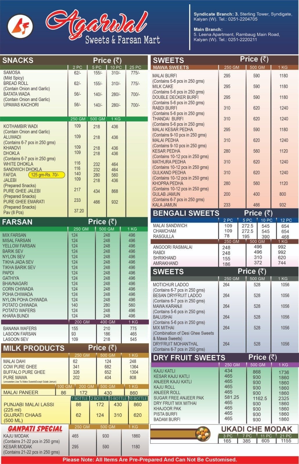 Menu of Agarwal Sweets & Farsan, Kalyan, Thane
