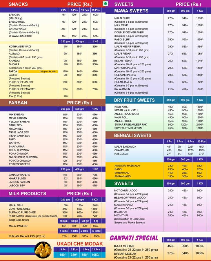 Menu of Agarwal Sweets & Farsan, Kalyan, Thane