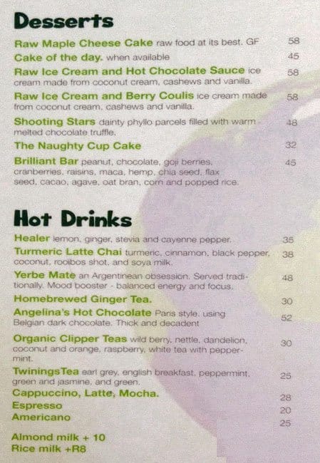 Menu at Greenside Cafe, Johannesburg, Gleneagles Road